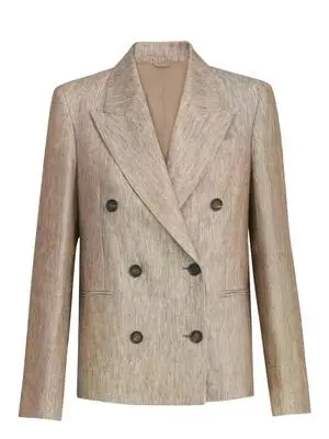 Brunello Cucinelli Linen Denim Double-breasted Blazer With Monili Embellishment - Neutrals