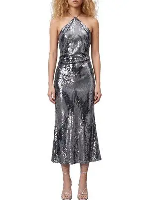 Patrizia Pepe Sequined Halterneck Midi Dress - Grey