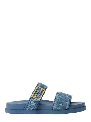 Fendi Ff Baguette Embellished Raffia Slides - Light Blue