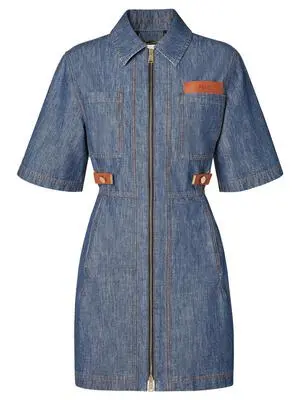 Fendi Cotton Chambray Denim Dress With Leather Embellishments - Blue