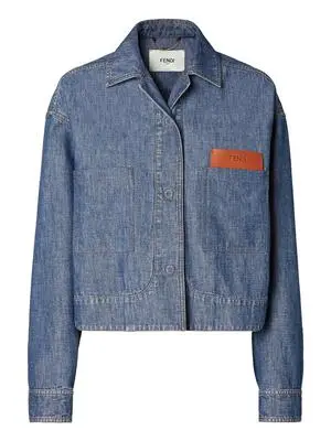 Fendi Chambray Denim Jacket With Leather Patch - Blue