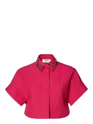 Fendi Cropped Cotton Poplin Shirt With Embellished Collar - Red