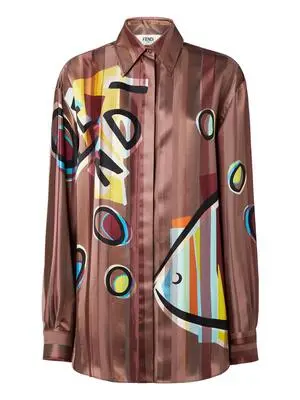 Fendi Fendi Silk Pequin Jacquard Shirt With Graphic Motif Brown