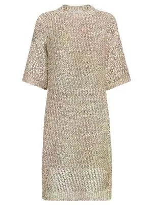 Brunello Cucinelli Dazzling Chiné Net Knit Dress In Silk And Linen - Neutrals