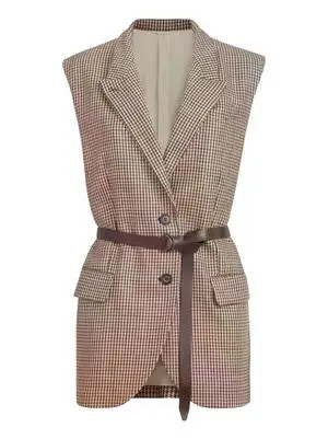Brunello Cucinelli Sparkling Virgin-wool Houndstooth Vest With Leather Inserts And Monili - Neutrals