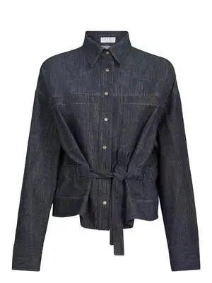 Brunello Cucinelli Cotton Denim-effect Twill Cropped Shirt With Tie Belt - Blue