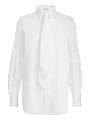 Brunello Cucinelli Stretch Cotton Poplin Shirt With Tie And Monili - White