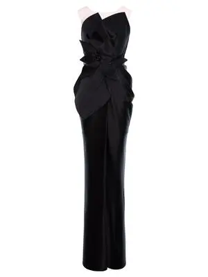 ACOB À PORTER Victoria Satin Maxi Dress With Oversized Flower Applique - Black