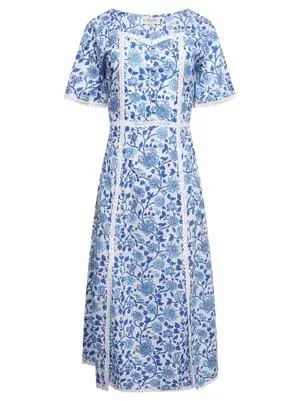 LATELIER LONDON L'atelier London Serafina Floral Cotton Midi Dress With Lace Trim And Bell Sleeves - Blue