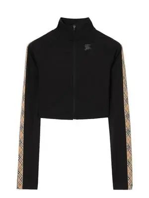 Burberry Stretch Nylon Cropped Track Jacket With Check Taping - Black