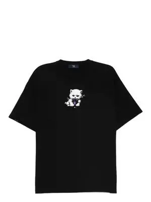 Y’s Cat Print Short Sleeve T-shirt - Black