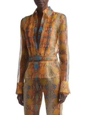 LAQUAN SMITH LaQuan Smith Shimmer Skin Print Pleated Double Cuff Button-Up Shirt