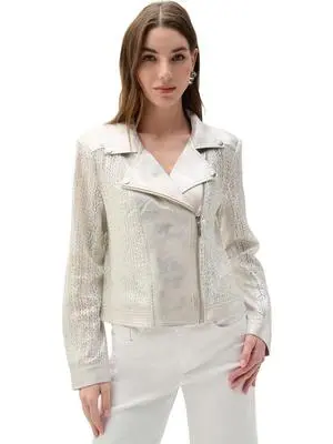 Joseph Ribkoff Faux Suede Foiled Knit Moto Jacket - Champagne/silver
