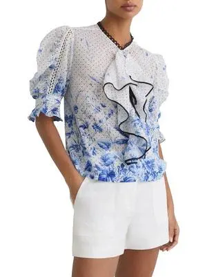 REISS Minni Floral Ruffle Top - Ivory/blue