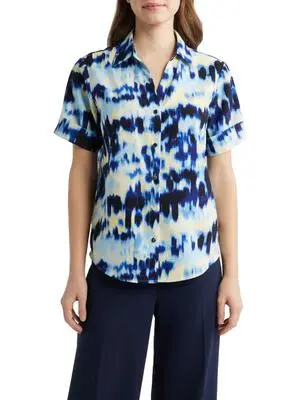 Anne Klein Crepe Button-up Shirt With Watercolor Print - Lakeshore Multi