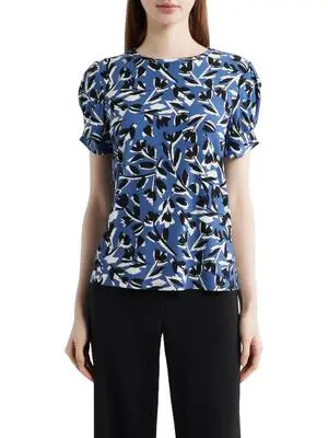 Anne Klein Floral Puff Sleeve Top - Blue Jay Multi