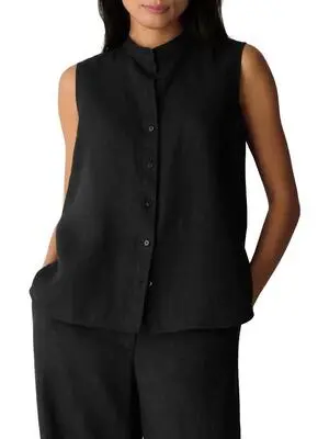 Eileen Fisher Sleeveless Mandarin Collar Linen Shirt - Black