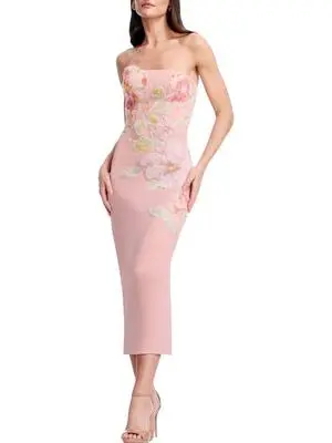 Dress The Population Strapless Bodycon Tea Length Dress - Blush Multi