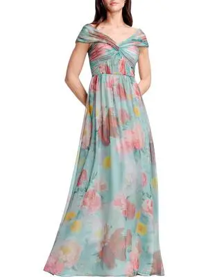 Dress The Population Xyla Floral Off-the-shoulder Gown - Mint Multi