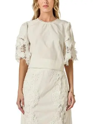 English Factory Open Stitch Puff Sleeve Top With Lace Embellishments - White