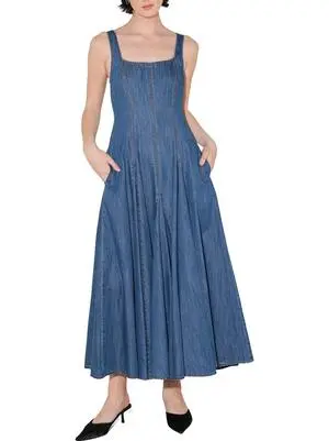 FREEMARKET Square Neck A-line Denim Midi Dress - Medium Indigo
