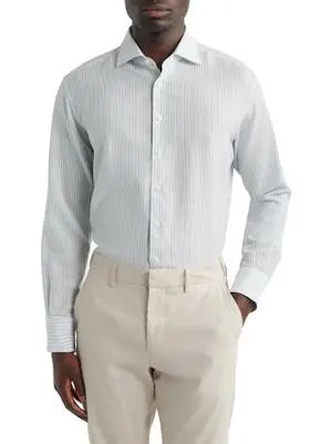 1863 BY ETERNA Soft Luxury Modern Fit Stripe Wool & Linen Non-iron Dress Shirt - Sky