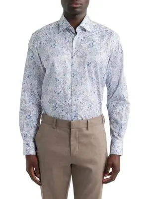 1863 BY ETERNA Modern Fit Floral Paisley Non-iron Cotton & Linen Dress Shirt - Blue
