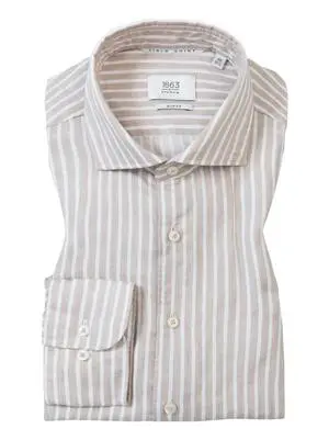 1863 BY ETERNA Slim Fit Stripe Non-iron Cotton & Linen Dress Shirt - Beige