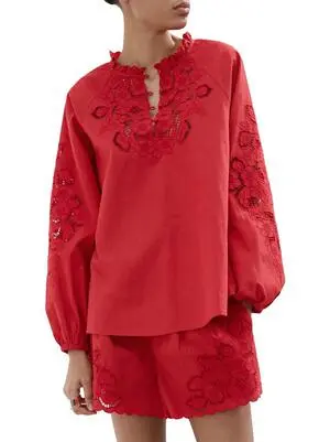Mango Broderie Anglaise Cotton Top With Ruffle Trim - Red