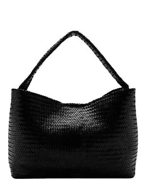 Mango Braided Leather Bucket Bag - Black