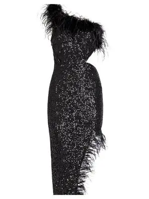 SOHUMAN Feather Embellished Sequin Gown - Black
