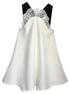 LANGNER Linen Mini Dress With Lace Trim And Contrast Straps - White/black