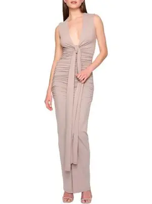 Susana Monaco Plunge Neck Tie Neck Maxi Dress - Sandstone