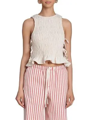 Avec Les Filles Smocked Linen Blend Top - Oatmeal