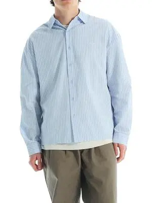 VOUSETI Off Court Boxy Fit Stripe Cotton Button-up Shirt - Light Blue