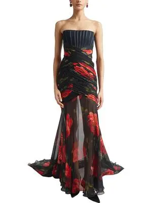 Carolina Herrera Rose Print Silk Chiffon Gown - Black Multi