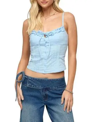 EDIKTED Ruffle Button-up Camisole With Pintuck And Eyelet Details - Light-blue