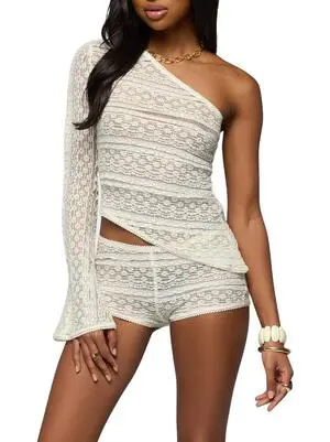 EDIKTED One-shoulder Lace Top With Single Long Sleeve - Cream