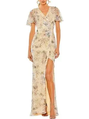 Mac Duggal Embellished Butterfly Sleeve Faux Wrap Gown - Champagne