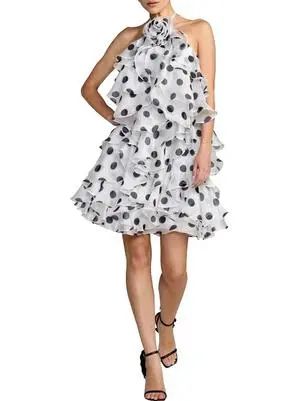 Mac Duggal Polka Dot Halter Neck Ruffle Mini Dress - Black Ivory