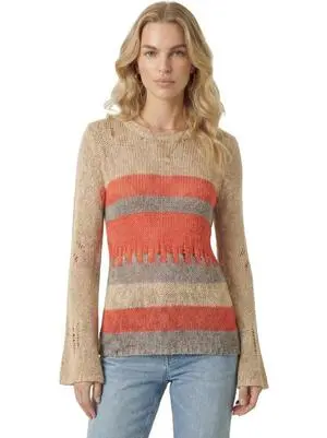 MODENAIRE Distressed Stripe Knit Sweater With Flared Sleeves - Beige