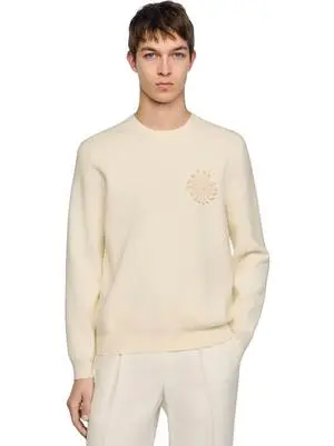 Sandro Knit Sweatshirt With Crochet Flower Detail - Ecru