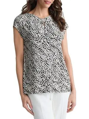 KASPER Dot Print Scrunch Neck Knit Top - Black Multi