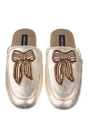 LAINES LONDON Embellished Striped Bow Mules - Gold