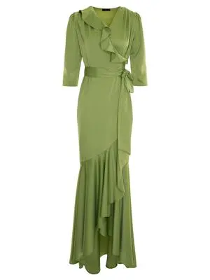 CONCEPT A TROIS Wrap Dress With Train And Three-quarter Sleeves - Green