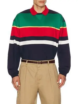 Versace Heavy Striped Cotton Jersey Long Sleeve Polo With Embroidered Logo - Multi