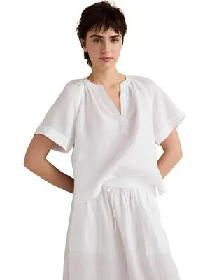 HAVEN WELL WITHIN Linen Gathered V-neck Top - White