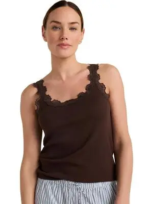 HAVEN WELL WITHIN Organic Cotton Rib Knit Lace Trim Tank - Coffee Bean