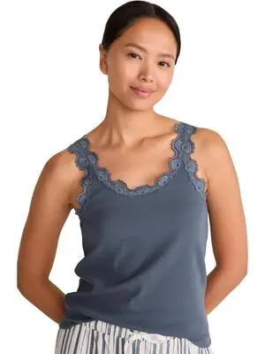 HAVEN WELL WITHIN Organic Cotton Rib Knit Lace Trim Tank - Indigo