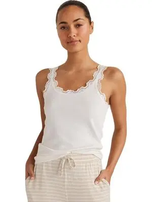 HAVEN WELL WITHIN Organic Cotton Rib Knit Lace Trim Tank - Ivory